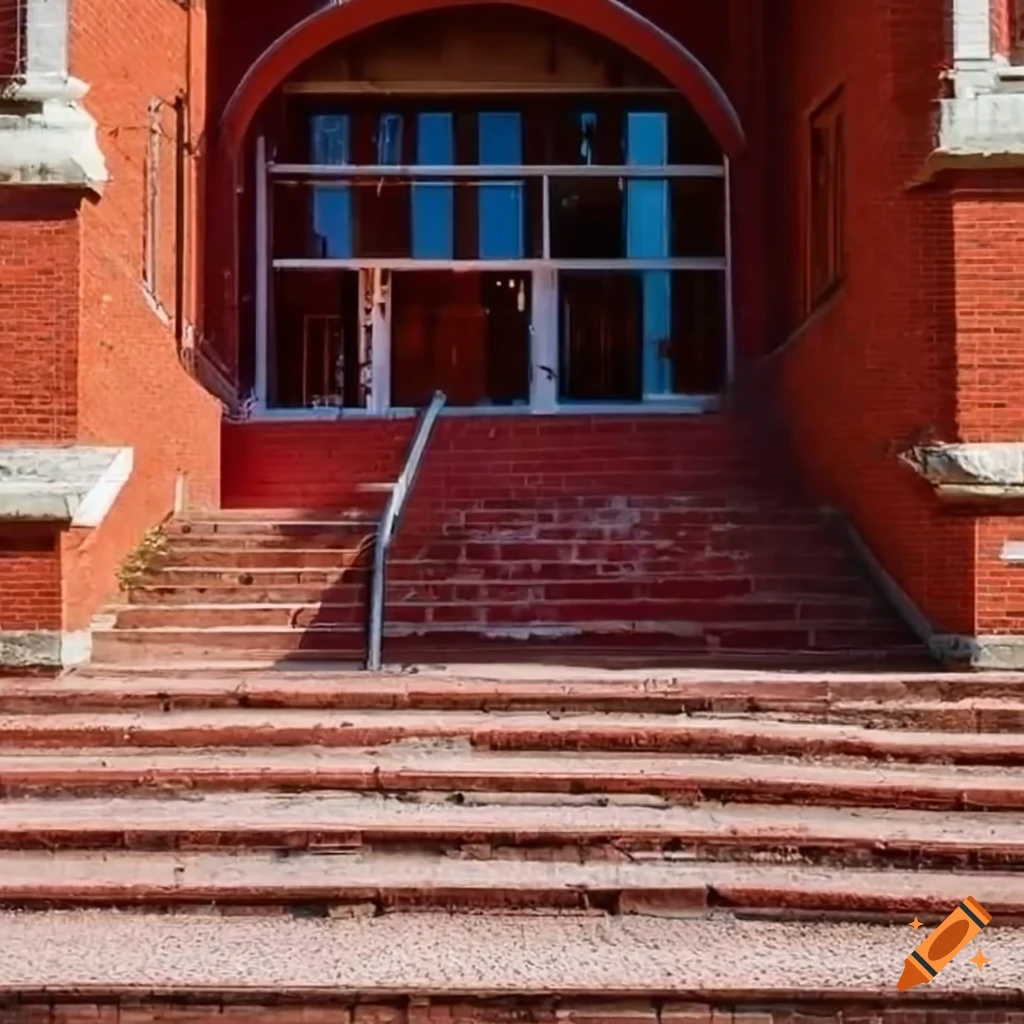 Red brick school building with grand entrance staircase. its surrounded ...