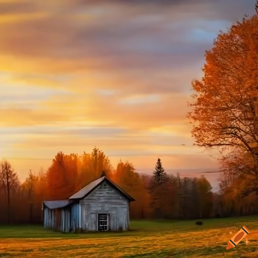 Autumn sunset at a countryside house, with warm colors, in 4k mejorar