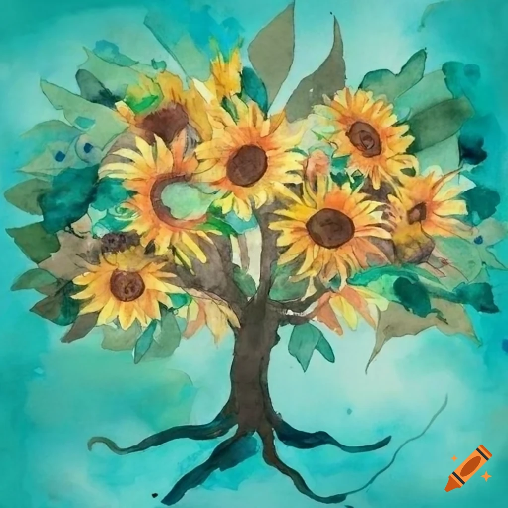 Watercolor tree of life with sunflowers including teal/green leaves