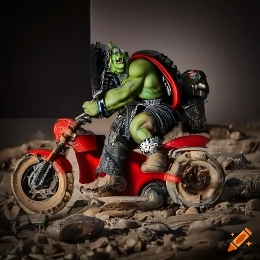 A green ork mechanic fixing a red motorcycle in the desert on Craiyon