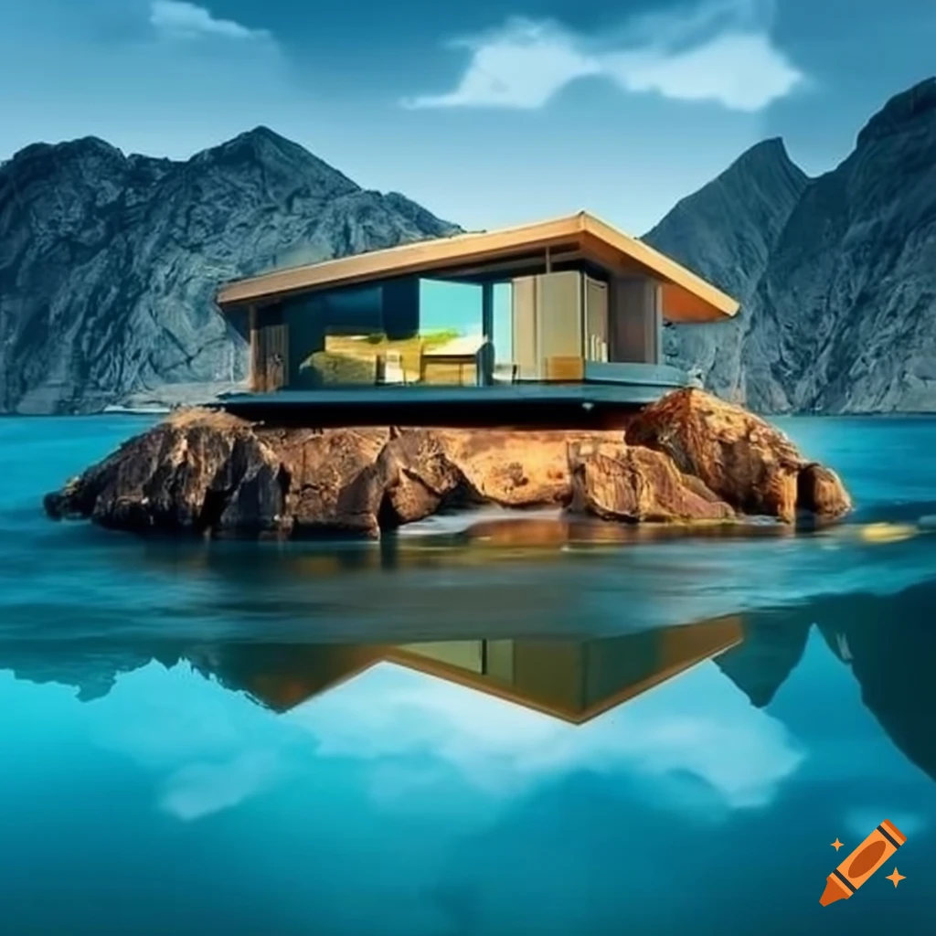 Rocky island with modern home on it