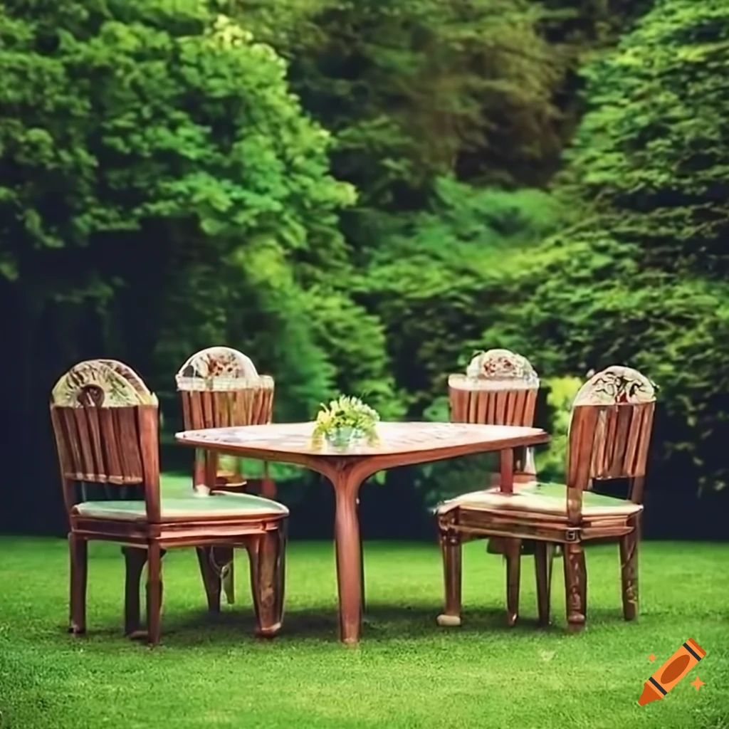 A photo of a table and four chairs placed in a lawned garden