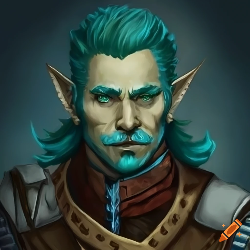 Character portrait, blue skin male, green hair, thin moustache, fantasy ...