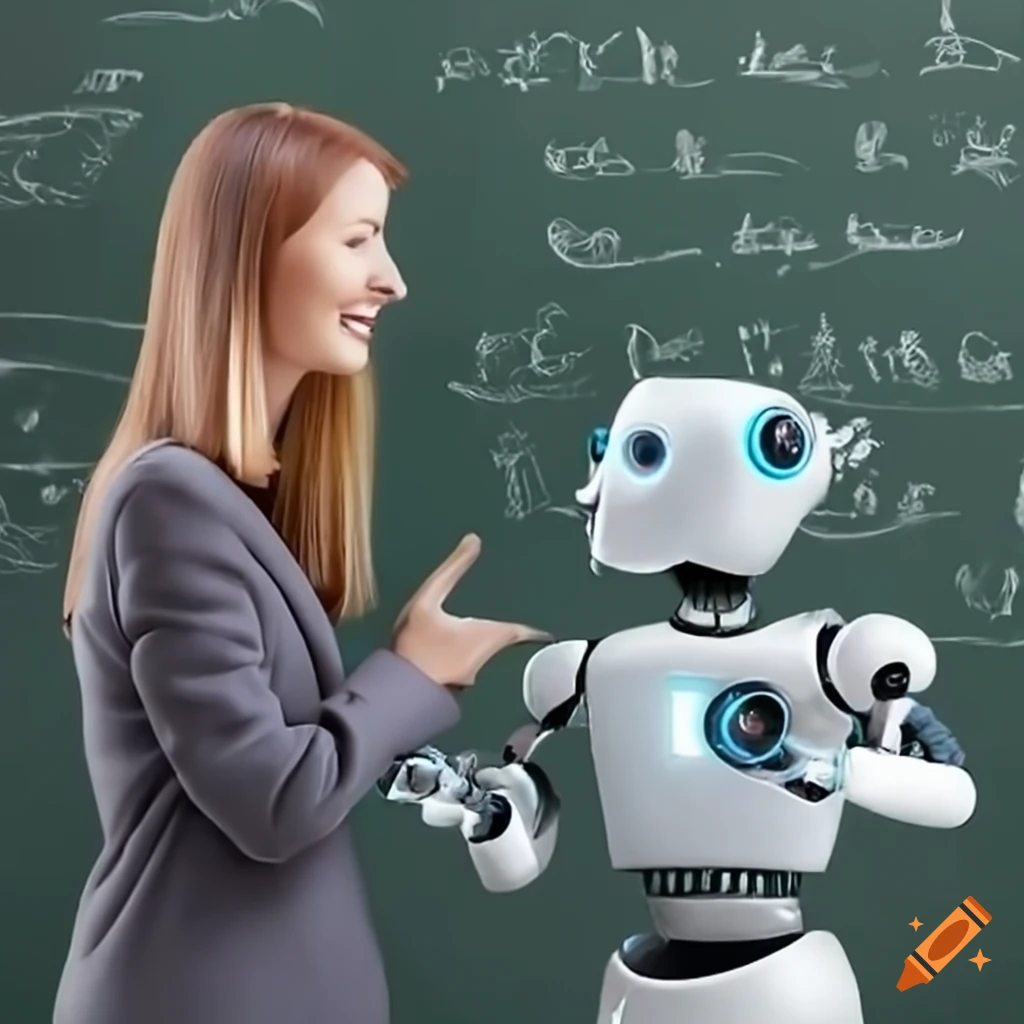 Ai robot greeting a school teacher in front of the chalkboard