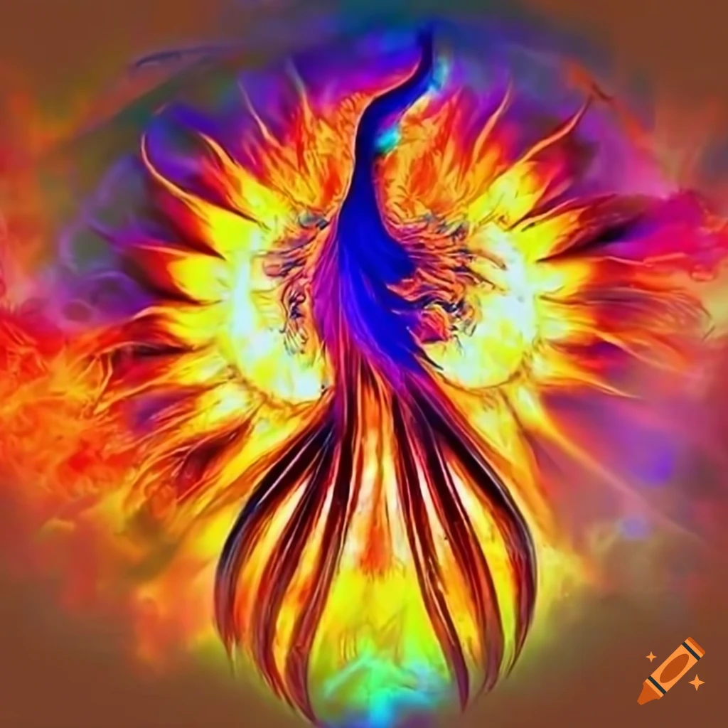 Powerful phoenix rising from the sun in beautiful vivid colors on Craiyon