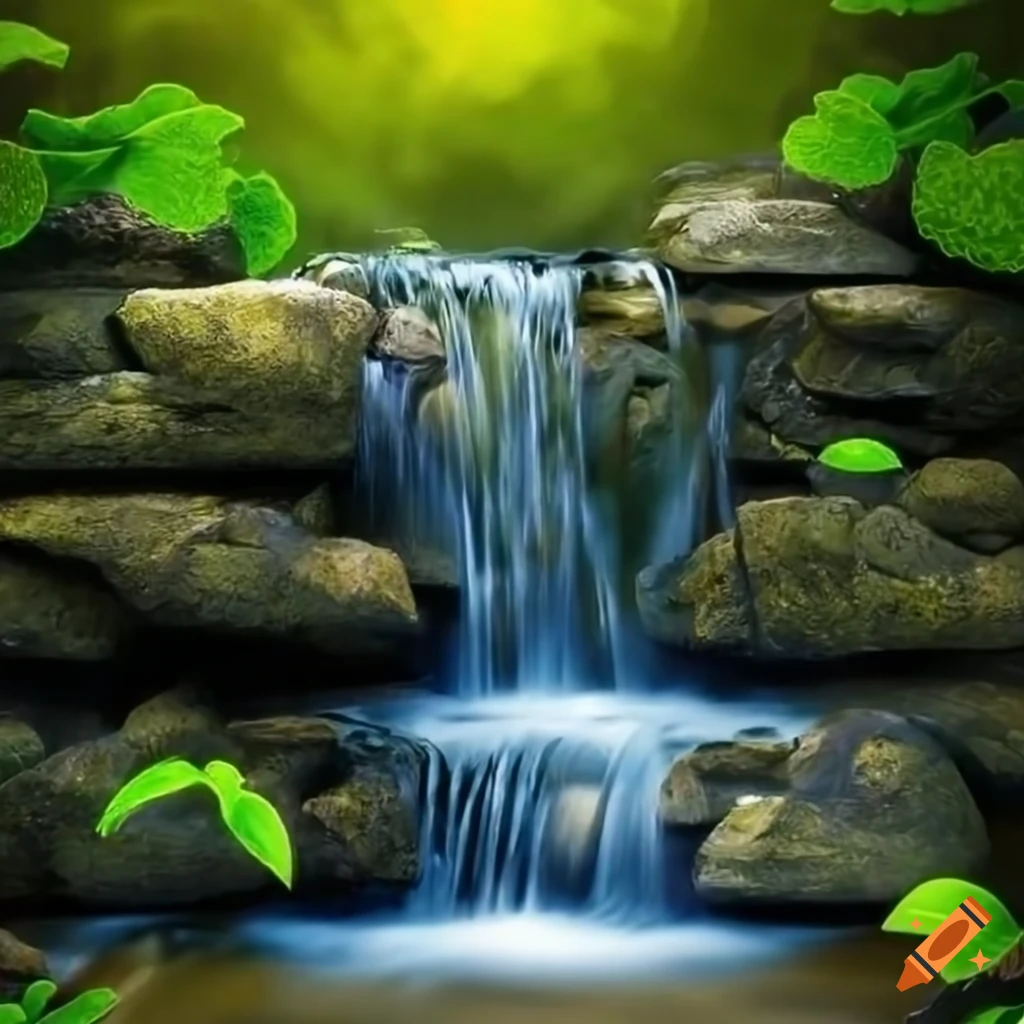 Very detailed and hyper realistic small bubbly waterfall of ledge stone ...