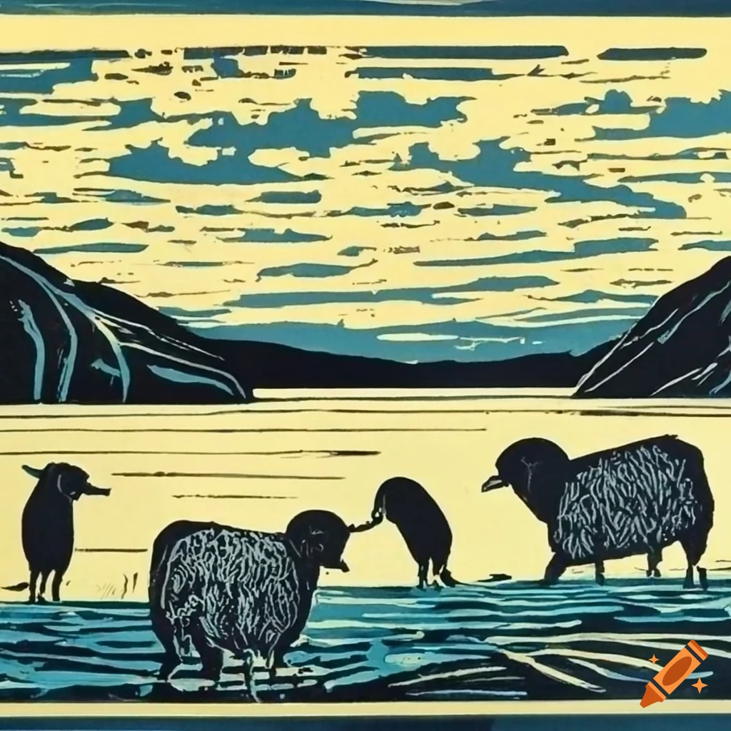 Linocut lithography sheep herd at lake mowing lawn on Craiyon