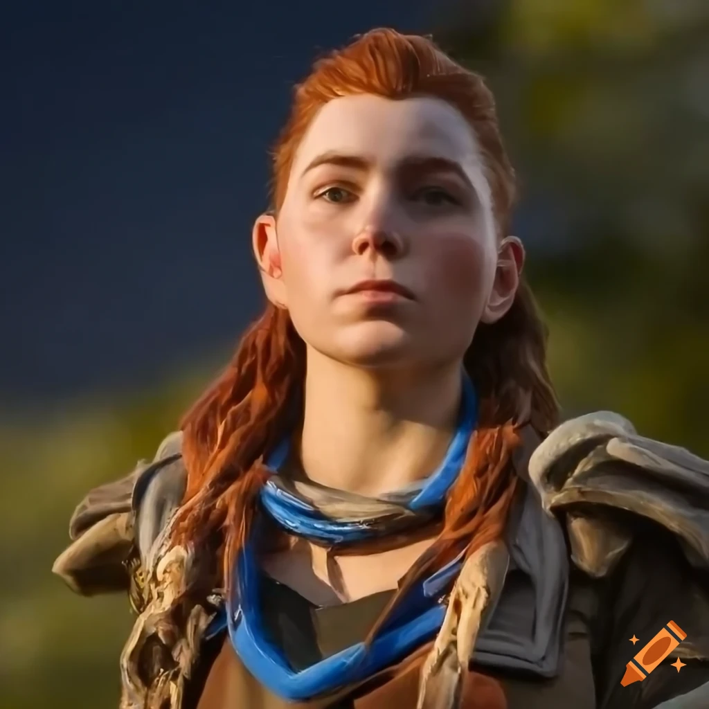 Frontal portrait of aloy with a duck, horizon, serious facial ...