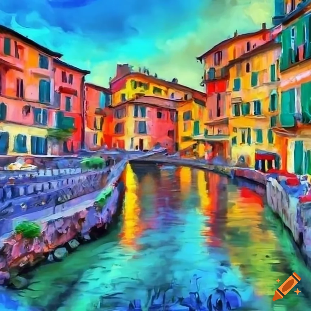 Colorful painting of an idyllic italian town