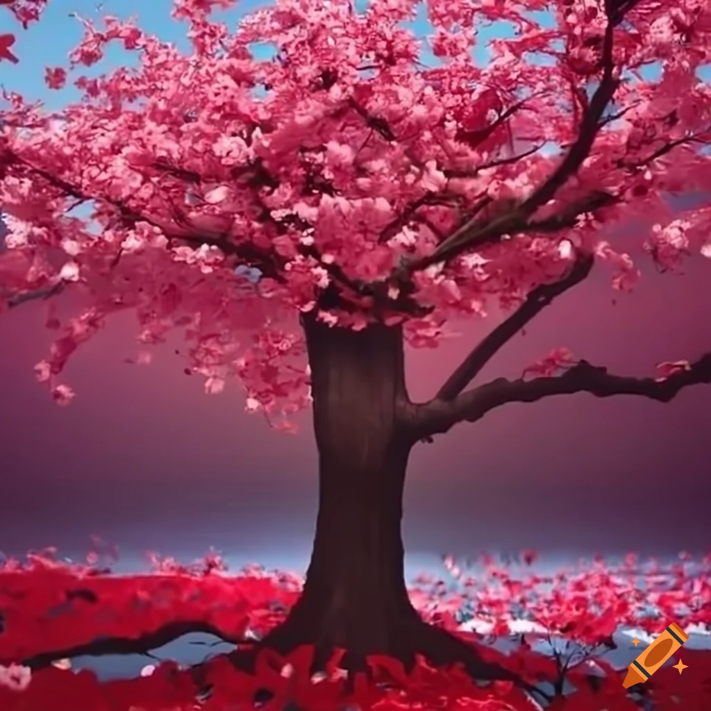 Red flowers under sakura tree