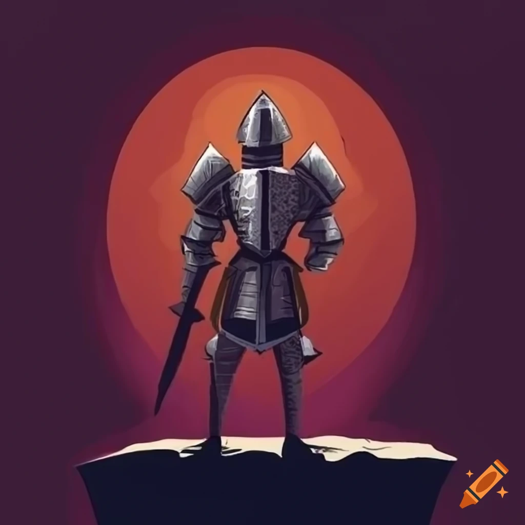 A knight in armor standing on the edge of a cliff. below the cliff is ...