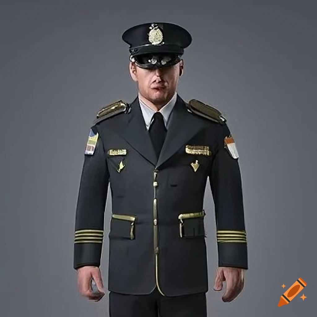 Security officer dressed uniform fur fine details peaked pilot collar ...