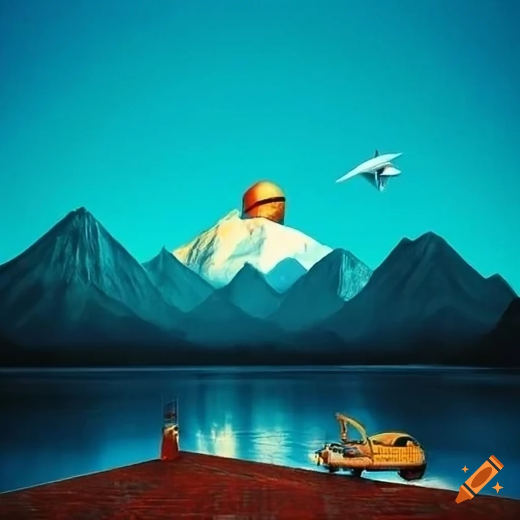 Model airplane coast mountains big building behind brick lawn mower ...