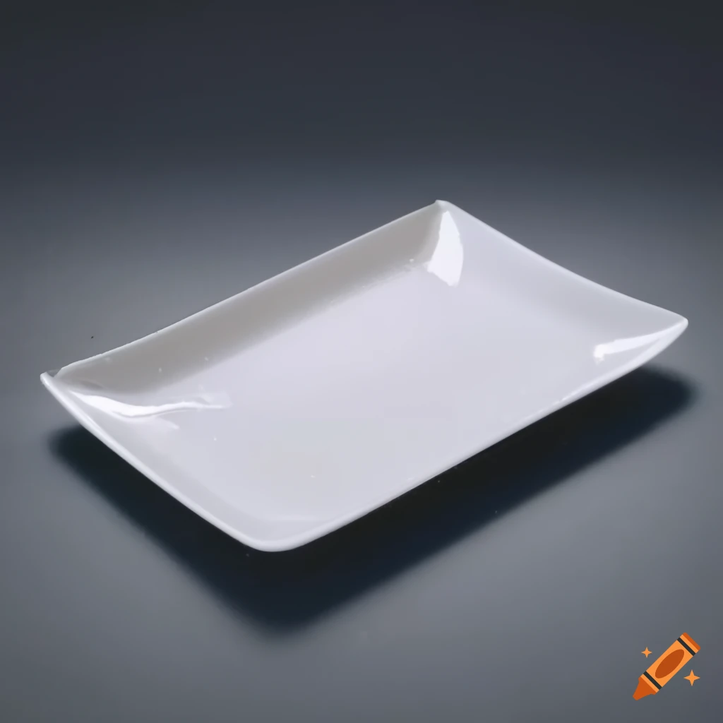 White rectangular plate on white table viewed from the side 45-degree angle