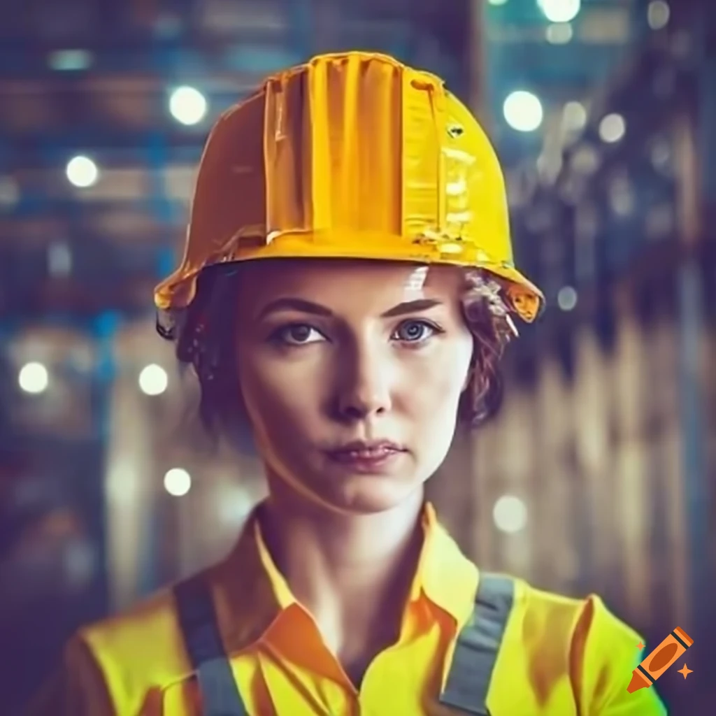 A woman worker in a yellow overalls is standing in the warehouse