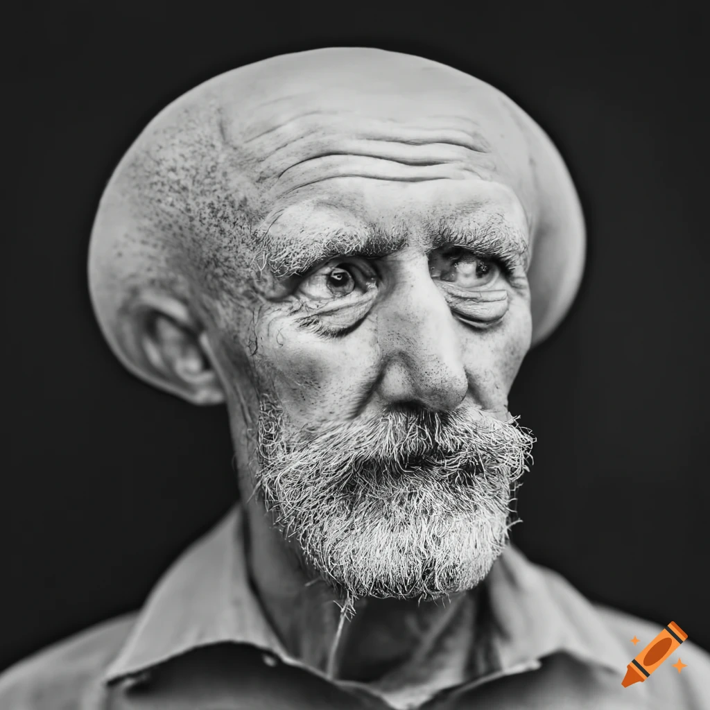 Black and white portrait of squidward with a monocle and beard