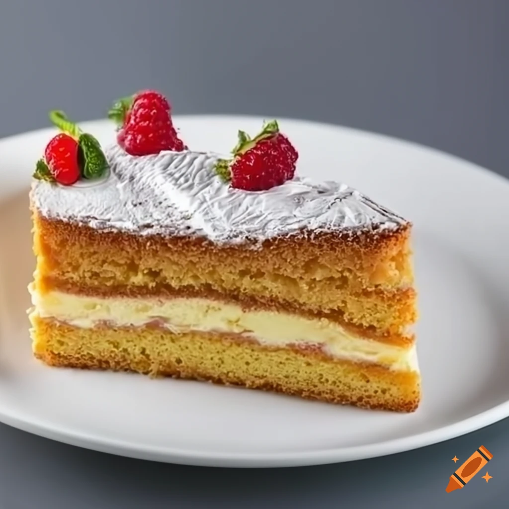 Slice of victoria sponge cake on a white plate on a white background on ...