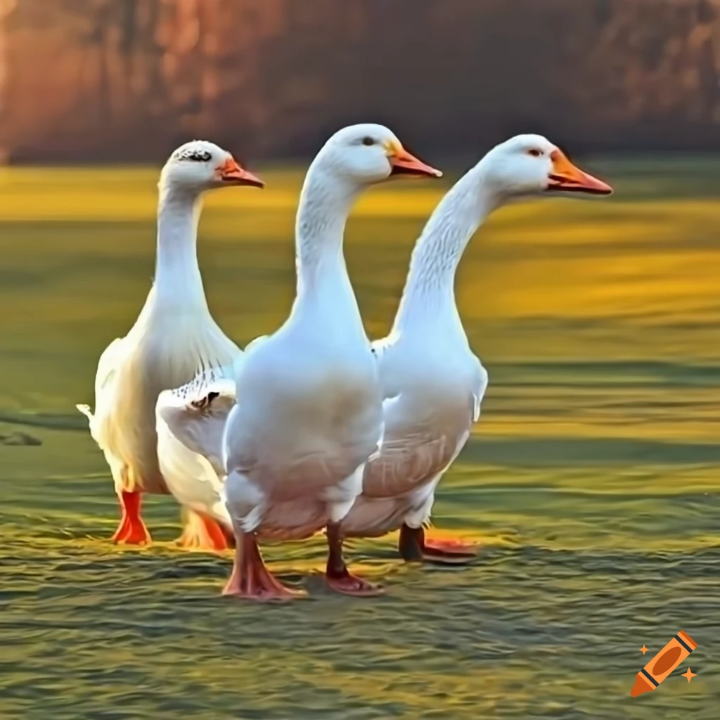 Three nice white geese and one odd duck standing together on grass ...