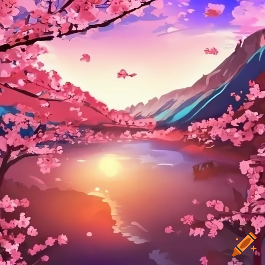 Colorful mountains and cherry blossoms, anime style, river in distance ...