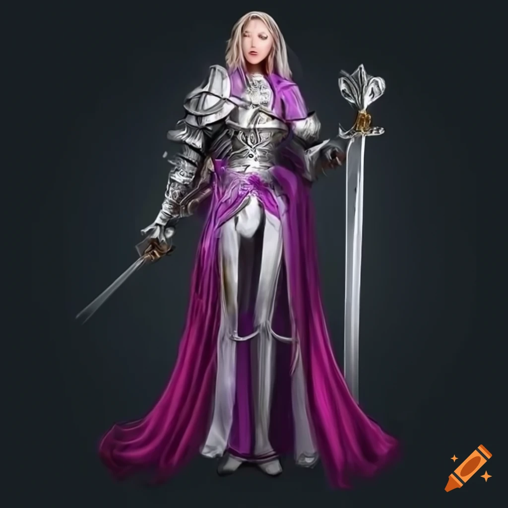 Full body of female handsome knight white silver and long purple robe ...