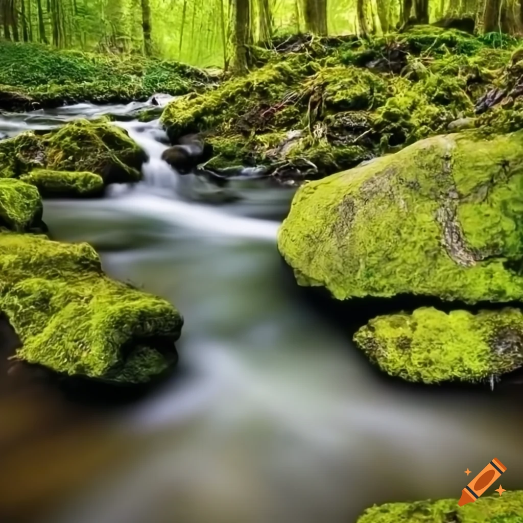 Mossy rocks in a green forest stream