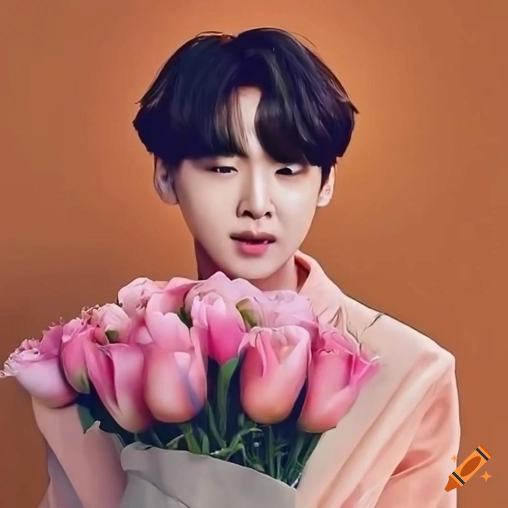 Min yoon-gi from bts holds a beautiful bouquet of flowers on Craiyon