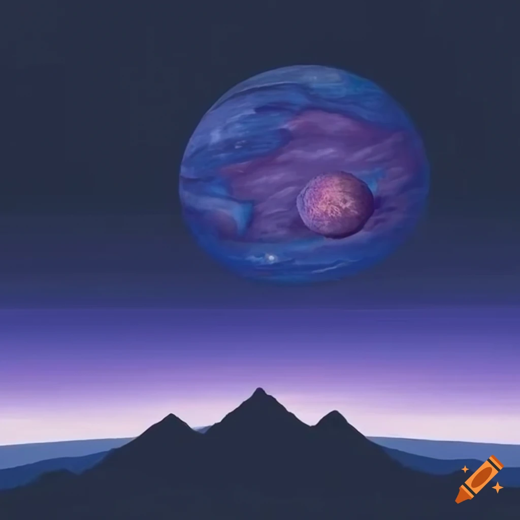 Hyper realistic landscape drawing an alien planet at dusk with stars ...