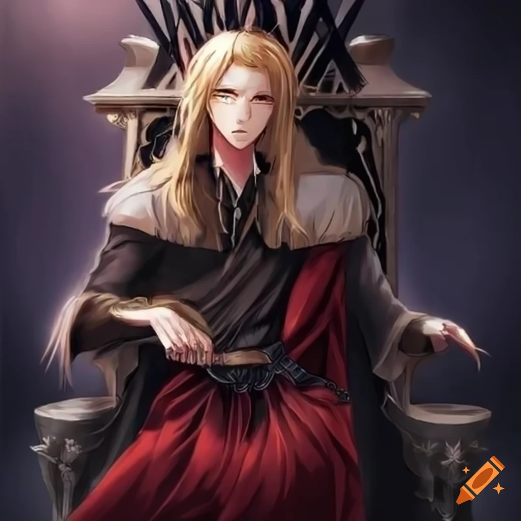 Anime-inspired man with long blond hair and black robe on throne on Craiyon