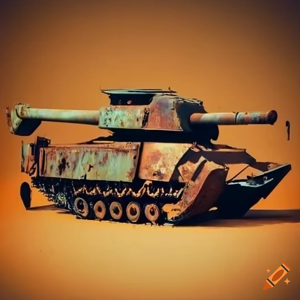 An old combine harvester. a rusty armored tank. a giraffe