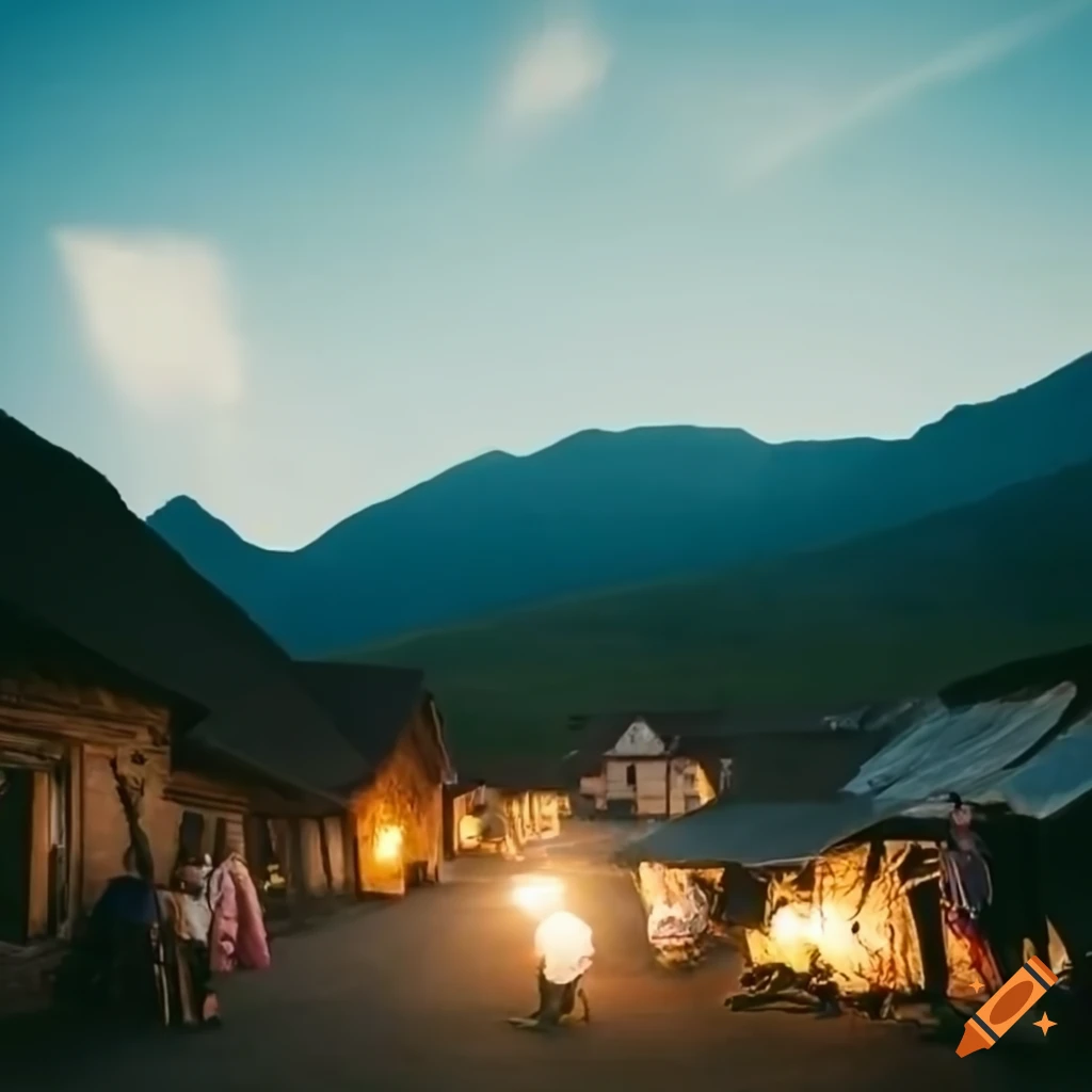 Small medival village in the higher elevations of a mountain range with a market place in the ...