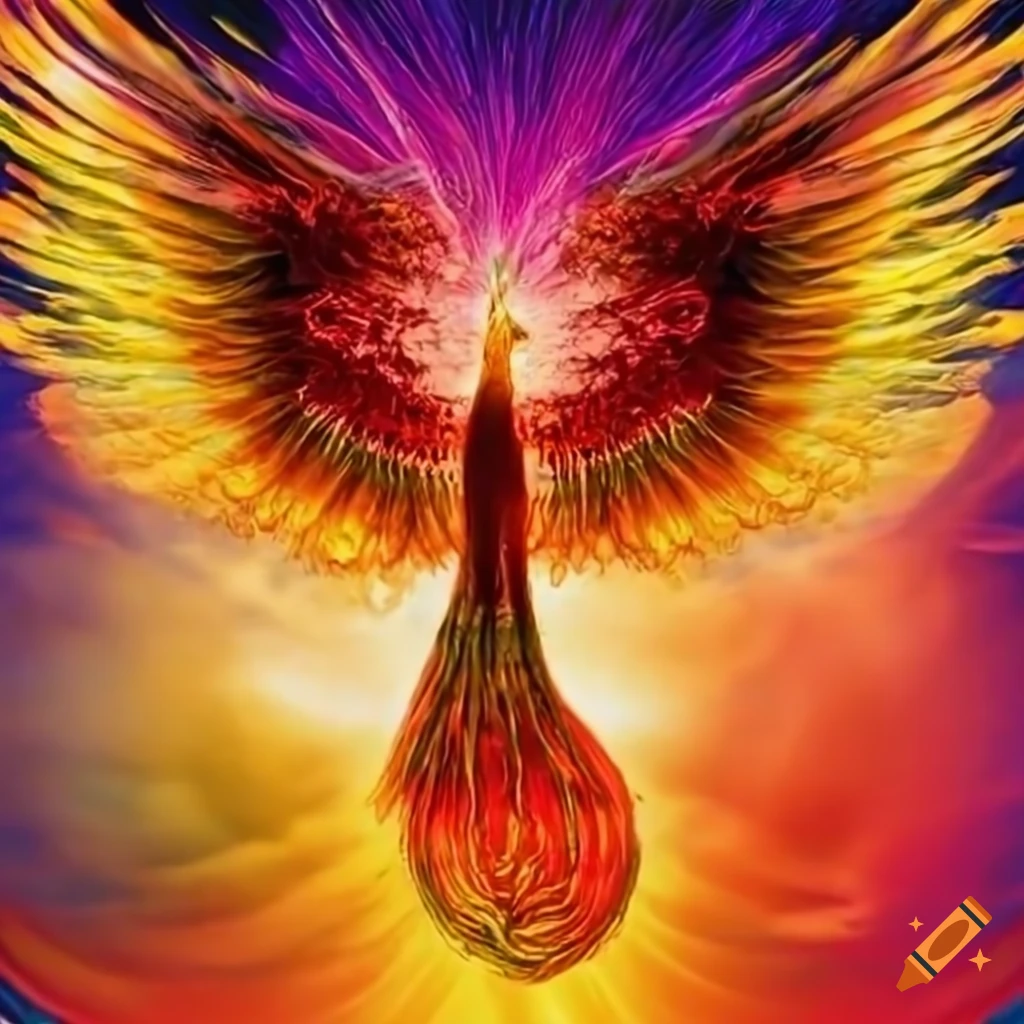 Powerful phoenix rising from the sun in beautiful vivid colors