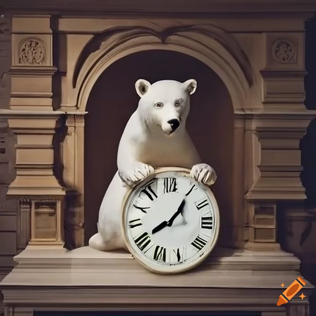 Marble statue of a white bear with a clock in it, on a fireplace