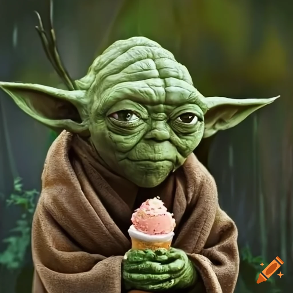 Yoda eating ice cream cone in swamp