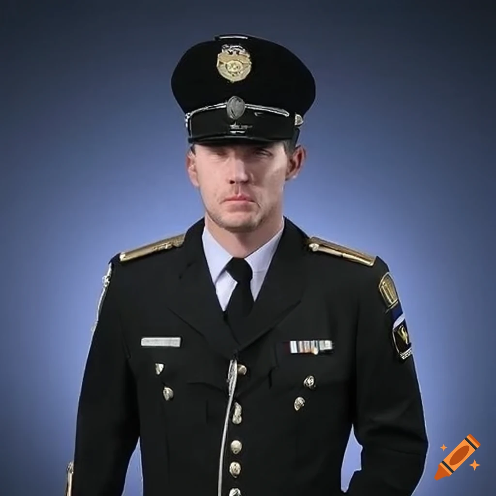 Security officer dressed uniform fur fine details peaked pilot collar ...