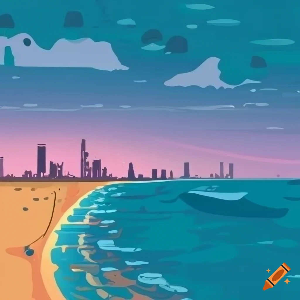 Filipino beach with city in background in vector style on Craiyon