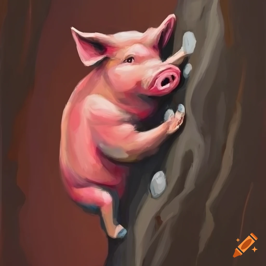 Painting of a pig climbing bouldering