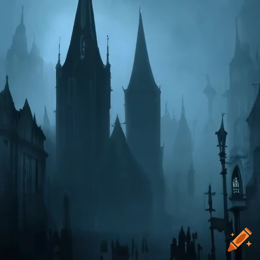 Medieval city, gothic, rain, fog on Craiyon