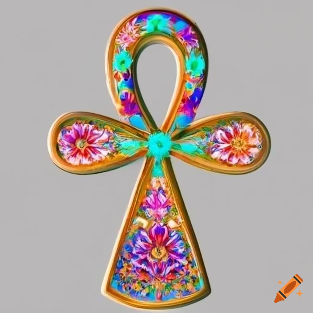 A floral ankh symbol in vivid hues on a white background on Craiyon