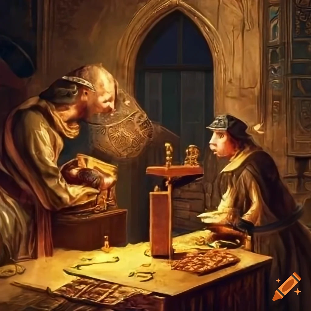 A medieval gold trader trading marketplace on Craiyon