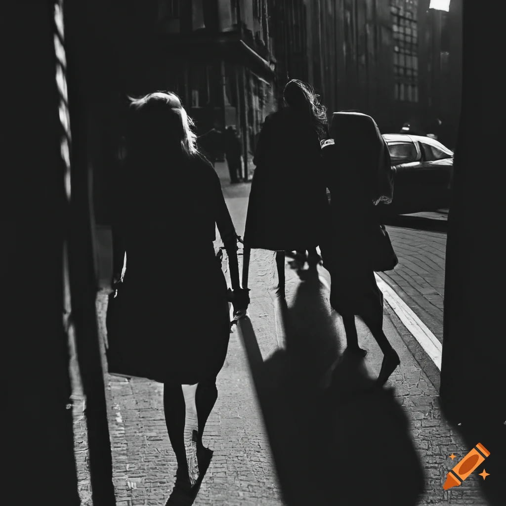 Women in street, shadow, back-light, monochrome photograph