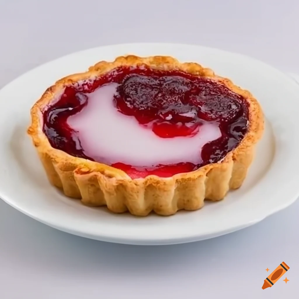 Jam tart on a white plate on a white background