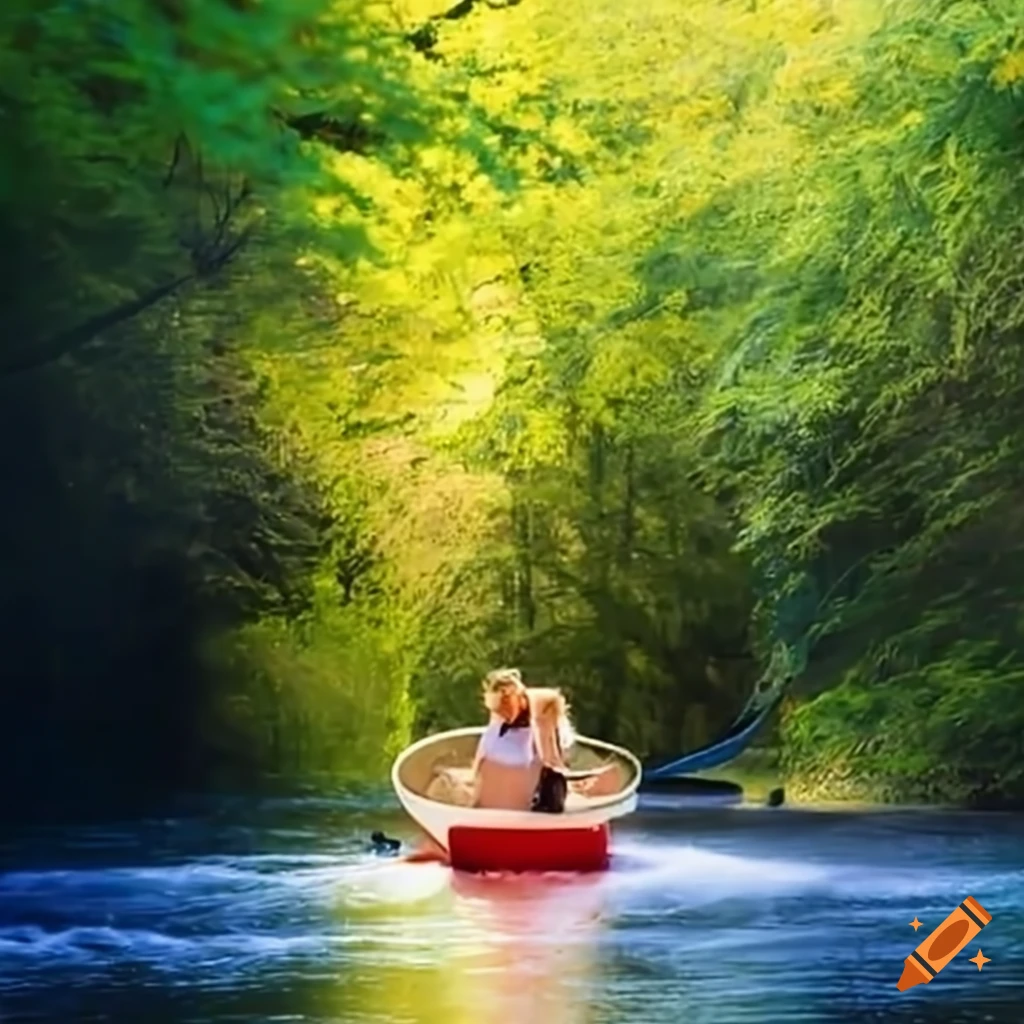 Couple going down stream on paddle boat on the spring afternoon on Craiyon