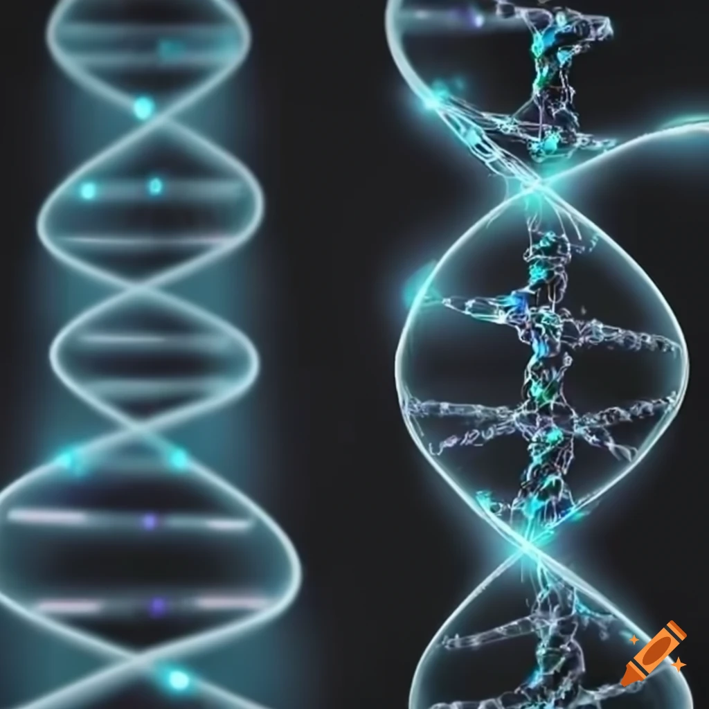 Scientific rendering of glowing DNA strands and laser lights on Craiyon