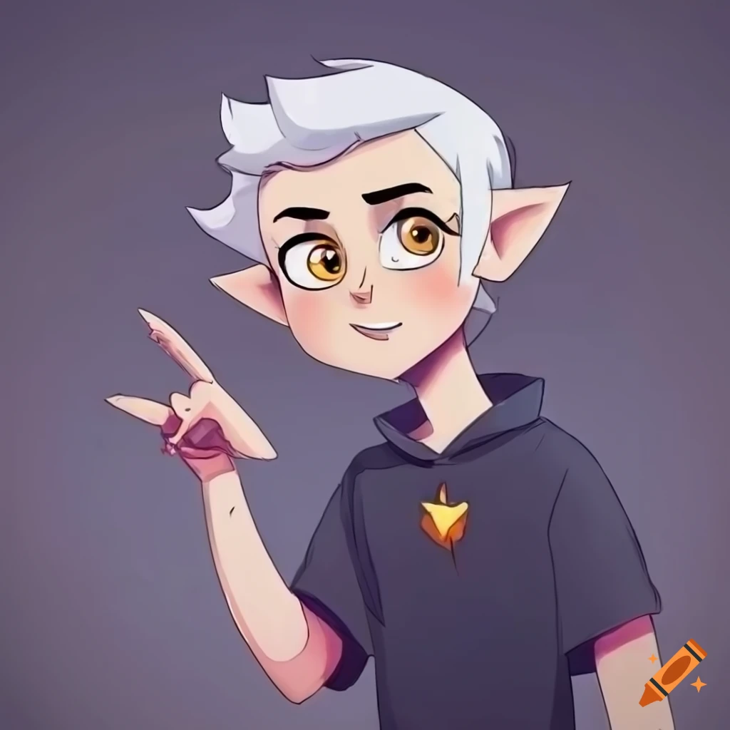 A boy with white fluffy hair and gray eyes in the owl house art style ...