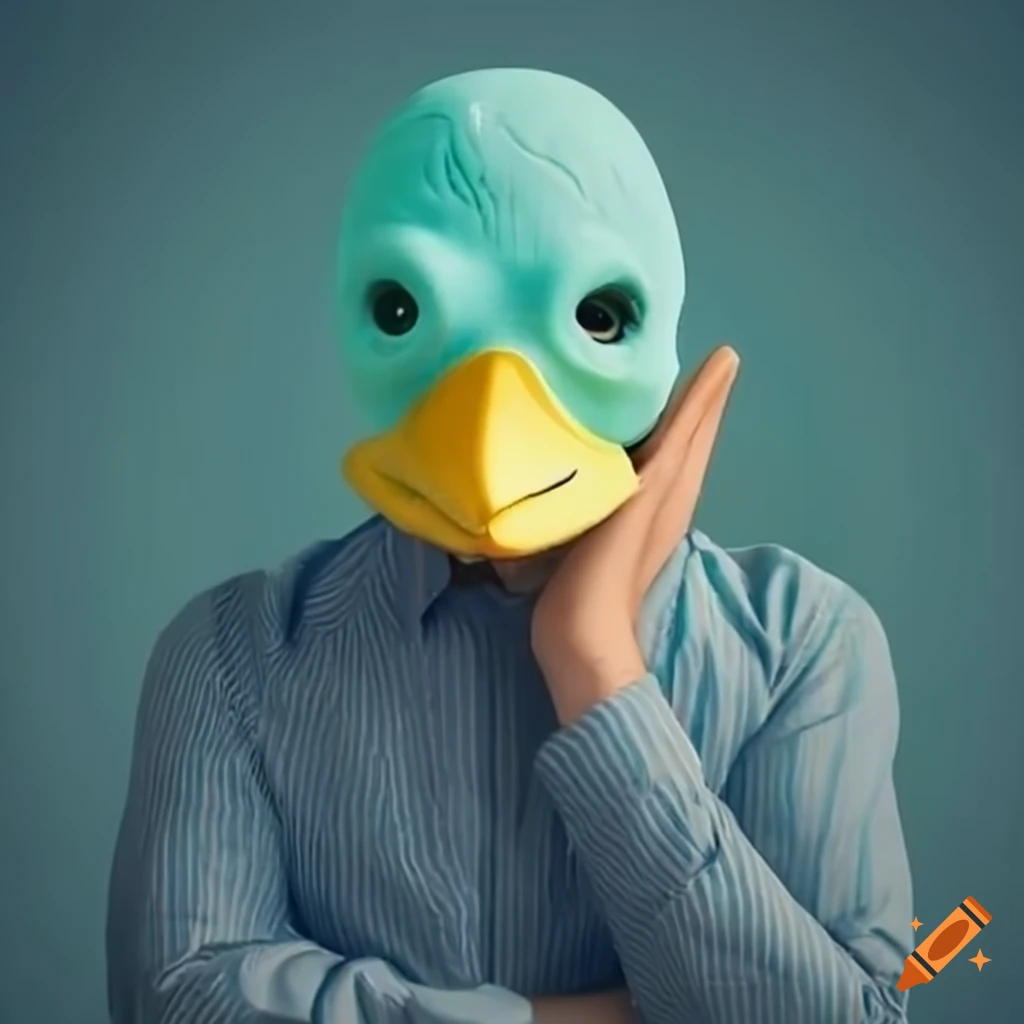 Man with cyan duck mask in office on Craiyon