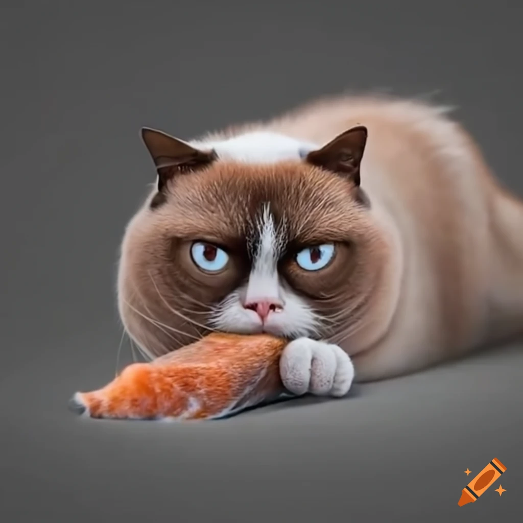 Grumpy cat eating salmon on Craiyon