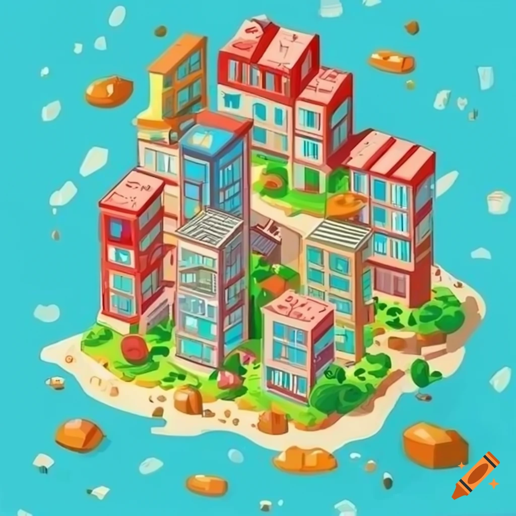 Playful city map illustration with unique cartoon buildings top down on ...
