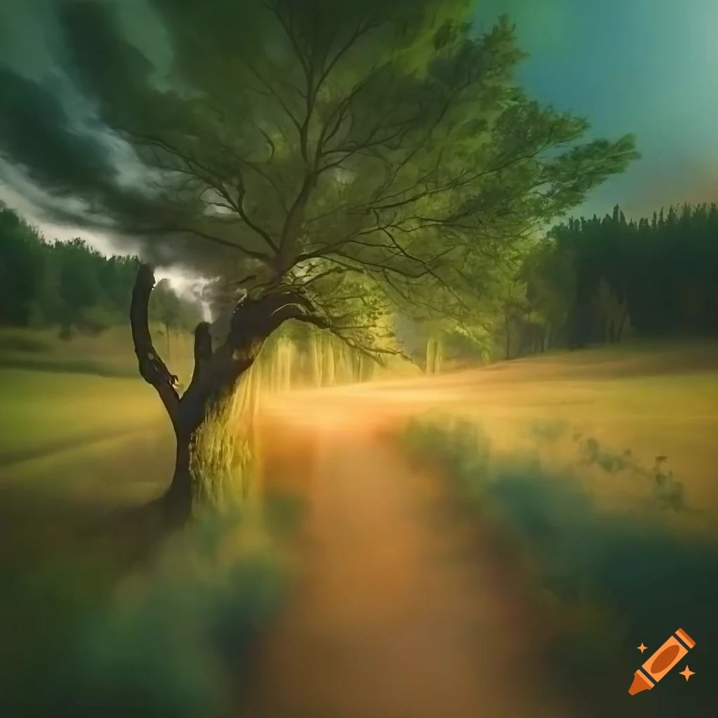I want you to create huge tree with 3 main branch in the hills scenery ...