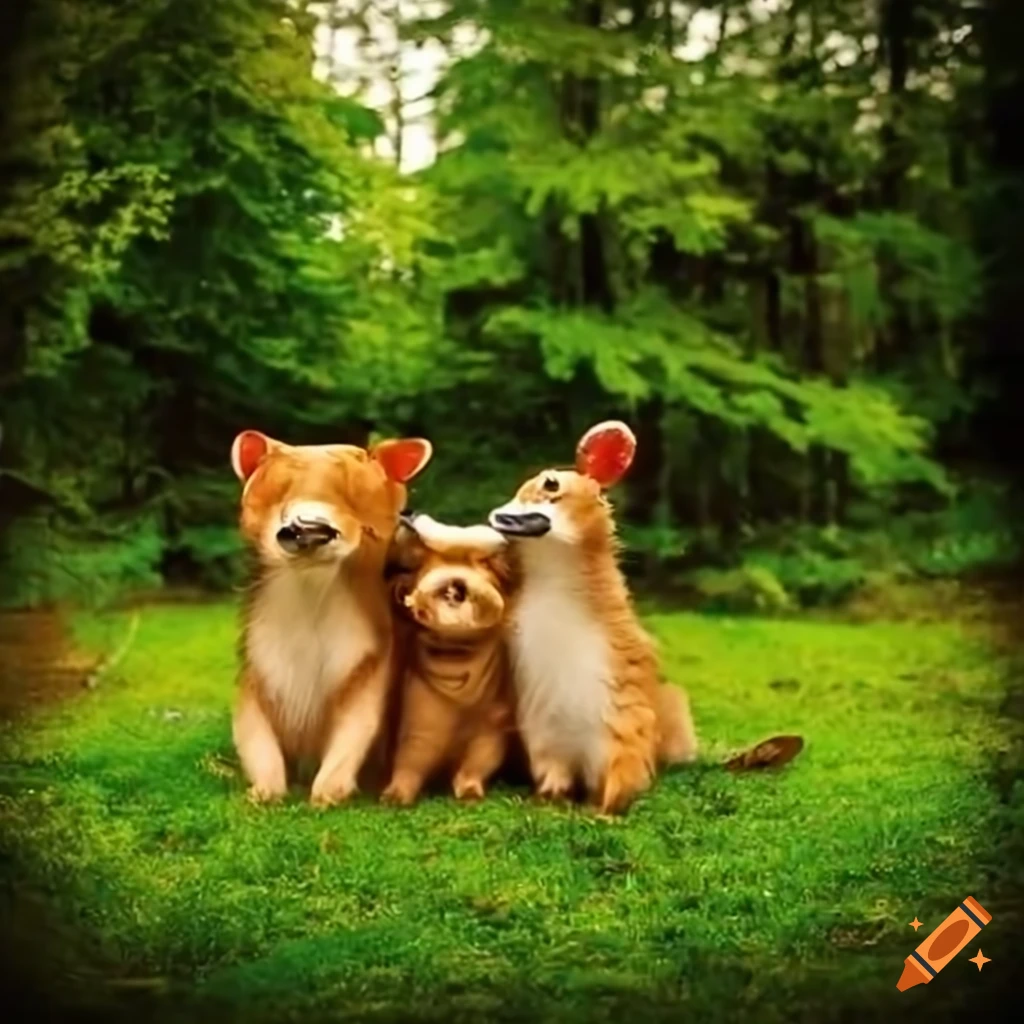 Detalied group of animals having a fun gathering in the woods
