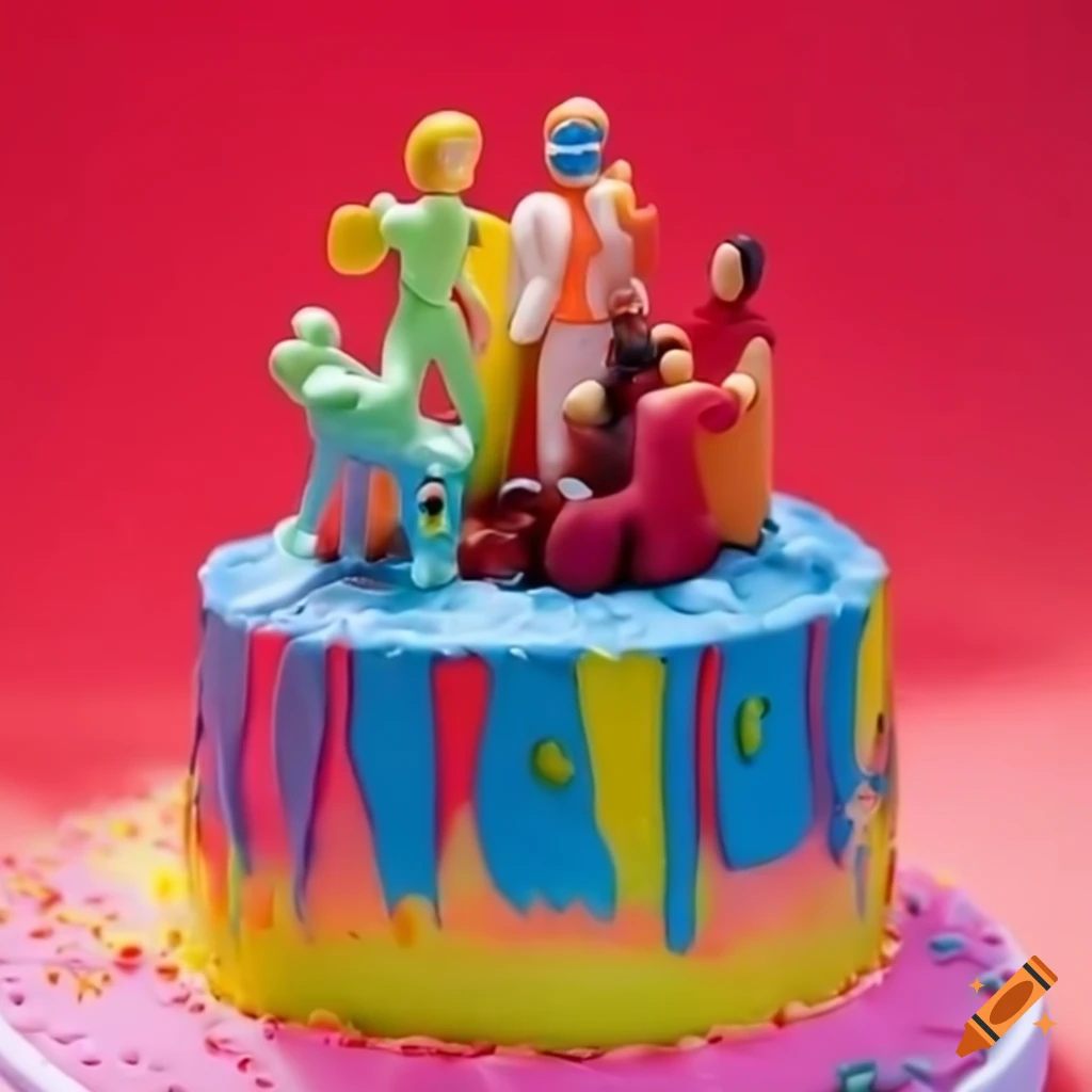 A colorful cake with toy figures on top for celebrations